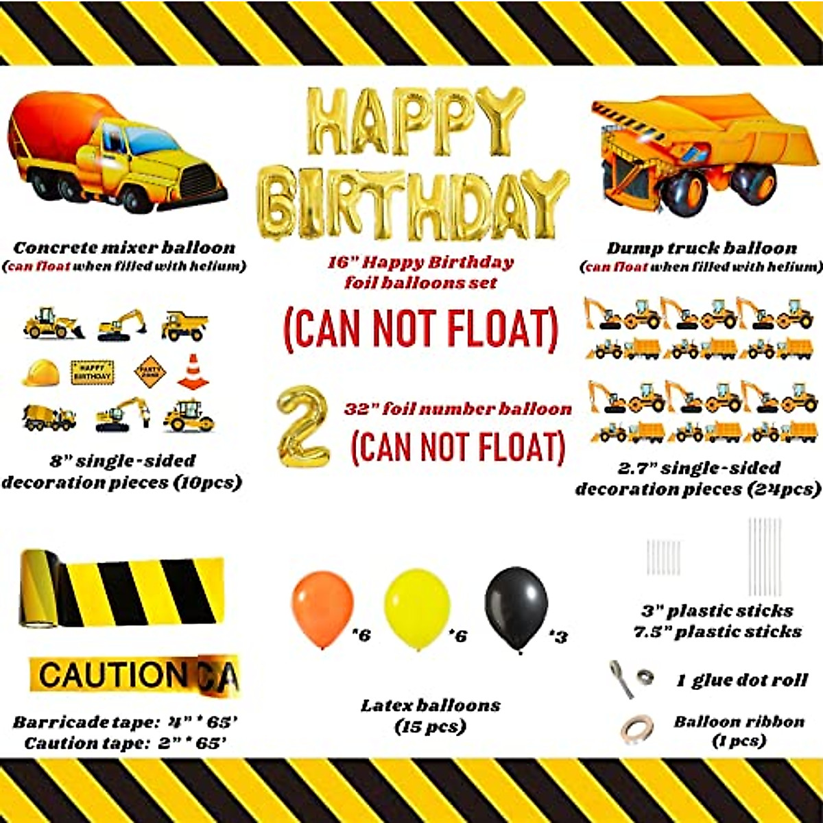 Construction Birthday Party Supplies 2 Years Old Construction Truck Birthday Party Supplies for Boys 2nd Birthday Decorations Toddler Birthday Party with Dump Truck Balloon and Concrete Mixer Balloon (second birthday)
