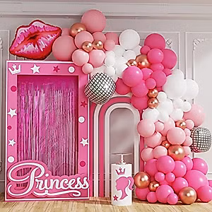 Pink Balloon Garland Arch Kit Hot Pink Rose Gold Chrome Balloon with Heart Lip Silver Disco Ball Balloon for Girls Birthday Princess Theme Party Background Bridal Shower Barbie Baby Shower Decorations