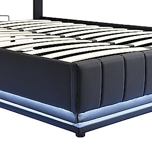 CJLMN Upholstered Platform Bed Versatility Bed, Full Size Wood Bed Frame with Hydraulic Storage System, LED Lights, Sockets and USB Ports, Kids Adults Bedroom Furniture Storage Bed (Black Bed)