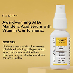 CLEARSTEM - CLEARITY The Blackhead Dissolver Mandelic Acid Serum - Vitamin C, Turmeric, Collagen Boost - All Skin Types - Facial Skin Care Products - Vegan, Gluten Free, Cruelty Free - 1 fl oz / 29ml