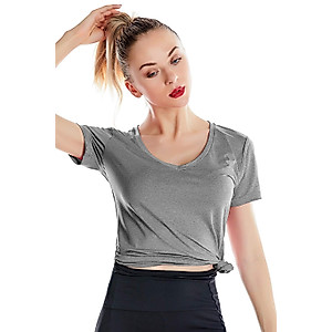 Zengjo Exercise Shirts Women Quick Dry V Neck(Heather Grey,S)