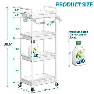 SPACEKEEPER Rolling Storage Cart, 4-Tier Bathroom Organizer Utility Cart Laundry Room Organization Mobile Shelving Unit with Towel Rack, Lockable Wheel, Hooks & Cup for Kitchen Bedroom Office, White