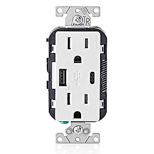 Leviton T5633-W 15-Amp Type A & Type-C USB Charger/Tamper Resistant Outlet, Not for Laptops, White
