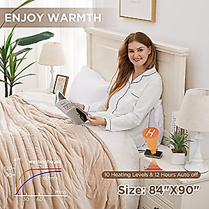 Westinghouse Heated Blanket Queen Size, Electric Throw Blanket with 10 Heating Levels, 12 Hours Auto Off, Overheat Protection, Machine Washable, Flannel to Sherpa (Queen, 84x90 Inches, Beige&Ivory)