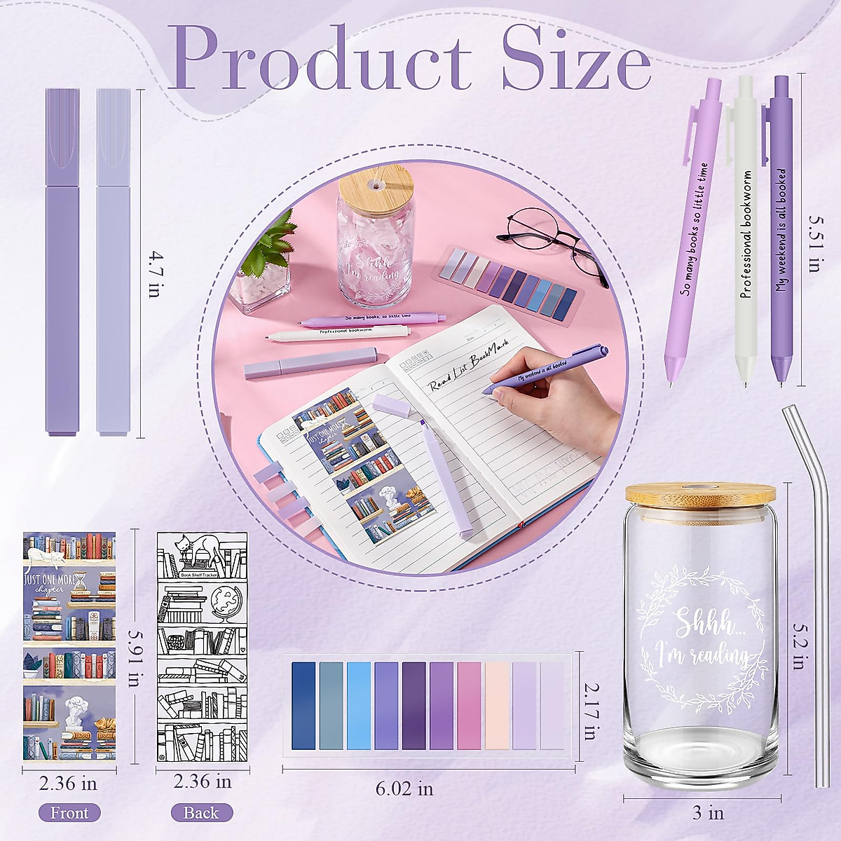 FillTouch 8 Pc Book Lover Gifts 16 oz Glass Cup with Bamboo Lid and Straw Reading List Bookmark Pastel Highlighters Sticky Notes Pens for Reader Librarian Stocking stuffers(Purple)