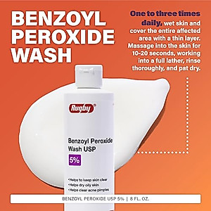 Rugby Benzoyl Peroxide Wash USP 5% - Helps to Clear Acne Pimples and Dry Oily Skin - Acne Medication - 8 Fl. Oz.