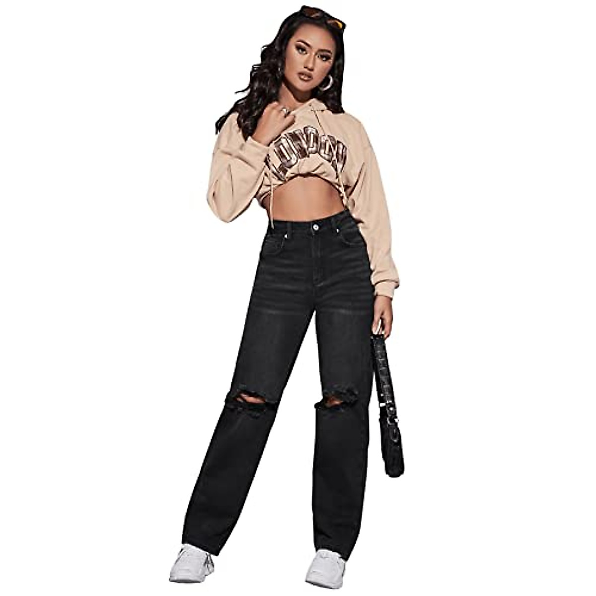 SweatyRocks Women's High Waist Ripped Jeans Distressed Raw Hem Denim Pants Solid Black S