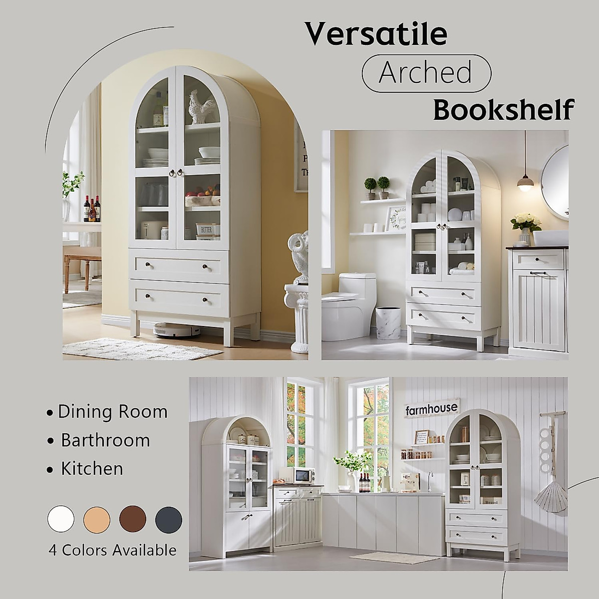 IFBUY 71" Tall Arched Bookshelf, 4-Tier Bookcase with Glass Doors and Shelves, Wooden Display Cabinet w/2 Large Storage Drawers, Modern Farmhouse Versatile Bookshelf for Living Room, Bedroom, White