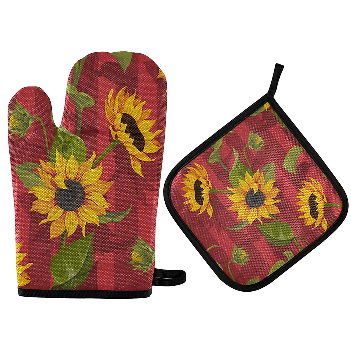 Fall Red Sunflower Oven Mitts and Pot Holders Autumn Thanksgiving Hot Pads & Heat Resistant Gloves Oven Mitten for Kitchen Cooking BBQ Baking Bakeware