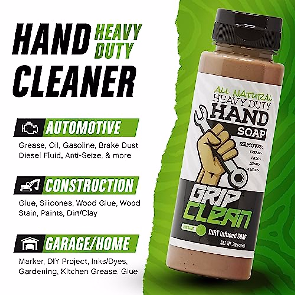 Grip Clean | Degreaser Hand Cleaner for Auto Mechanics - Dirt-Infused Liquid Hand Soap Absorbs Grease, Oil, & Odors. Natural Heavy Duty Pumice Soap with Moisturizing Ingredients. Lime Scented.