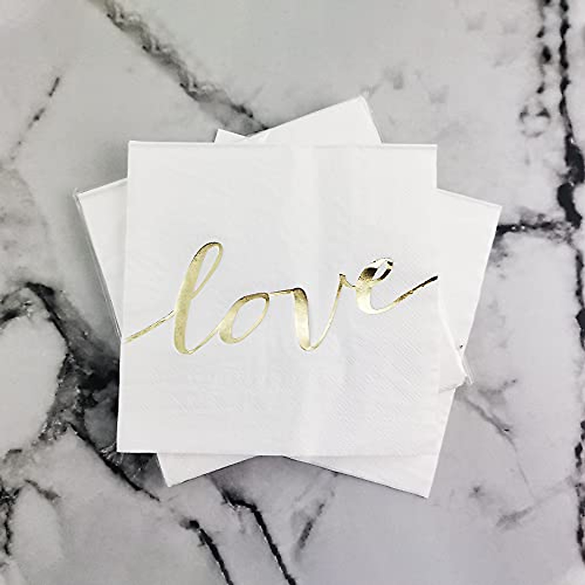 Dulousia White Luncheon Paper Napkins Stamped with Sparkle Gold Love - Folded 6.5 x 6.5inch for Wedding, Bridal/Baby Shower, Dinner Birthday Party (48Count)