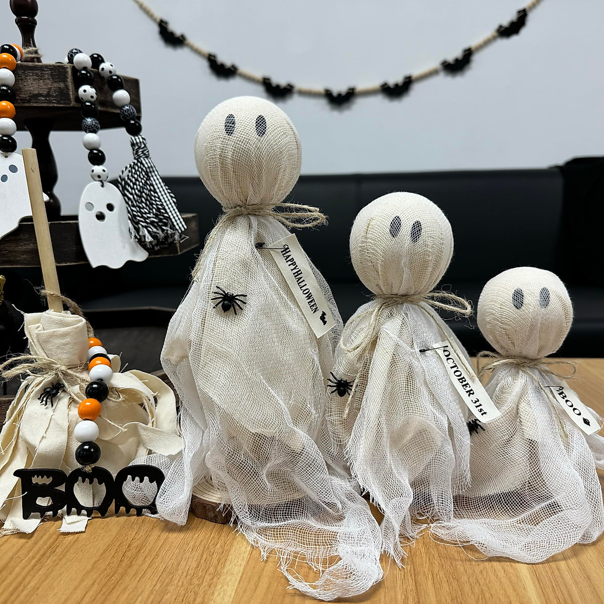 Seslust Set of 3 Primitive Halloween Ghosts on Wooden Stand - Spooky Table Centerpieces and Shelf Sitters for Indoor Halloween Decor