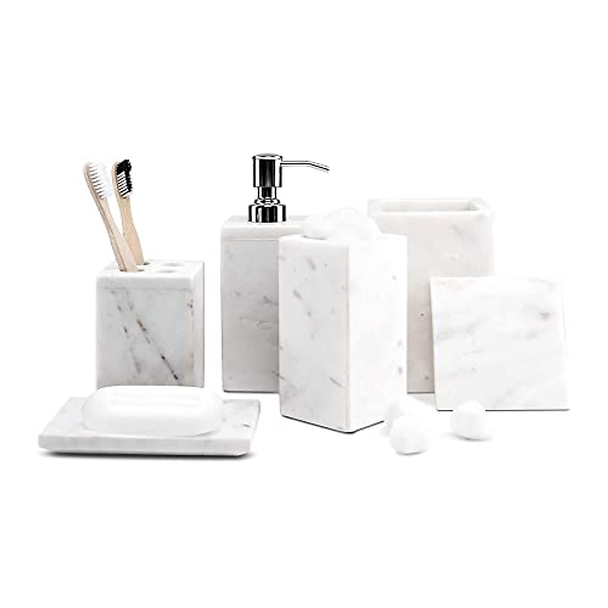 Real Simple Bathroom Accessory Set | Complete 6 Piece Bathroom Decor l Soap Dispenser, Cotton Ball Holder, Soap Dish, Toothbrush Holder & More (White Marble)