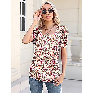 Ladies Romantic Tops Hawaiian Shirts for Women Square Neck Top Fitted Tops for Women Sexy Casual Trendy Short Sleeve Tops White Red Floral L