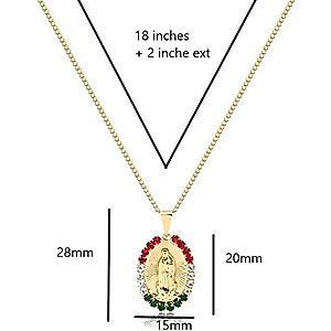 AMA 18K Gold-Plated Guadalupe Pendant Choker with Swarovski - 18-Inch Adjustable Golden Chain with Red, Green, White Crystal-Encrusted Virgin Mary Piece - Hypoallergenic Religious Jewelry for Women