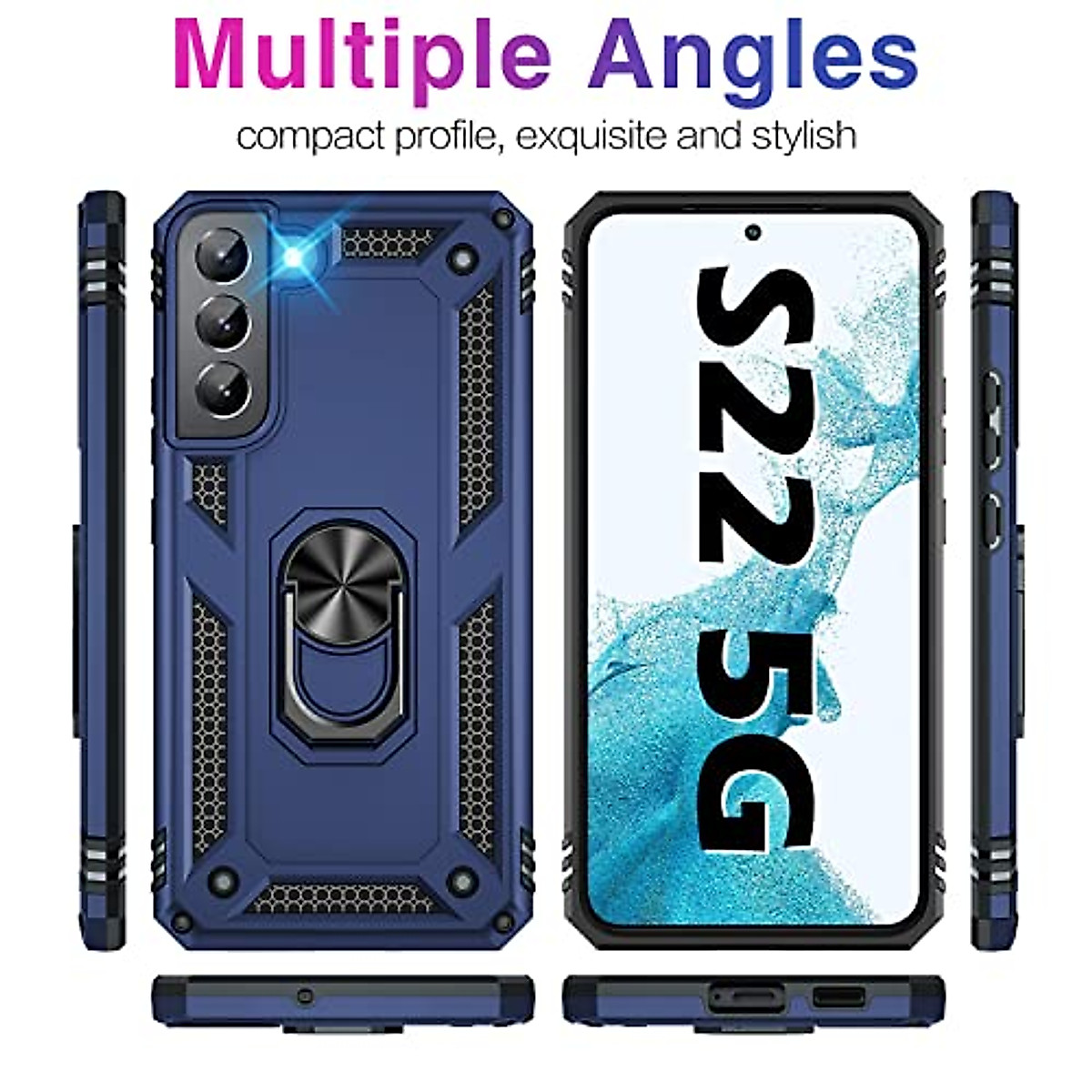 Vaki for Samsung Galaxy S22 5G Case with Built in Screen Protector Military Grade Hard Rugged Cover Heavy Duty Armor Galaxy S22 Phone Cases with Metal Ring Kickstand Shockproof Blue
