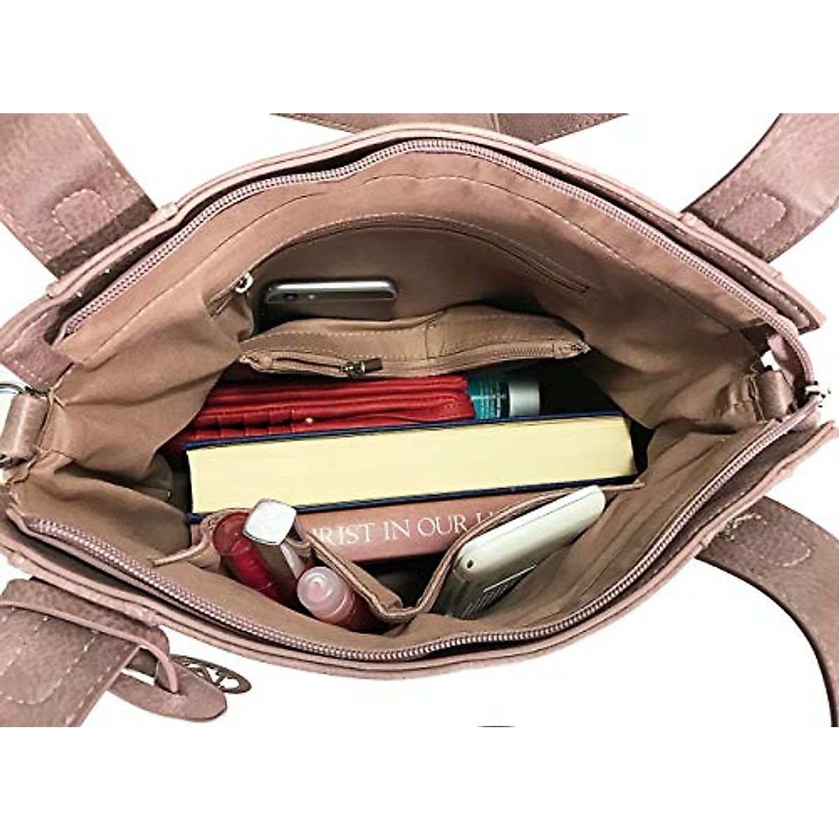 Zzfab Multi Pockets Double Handles Faux Leather Concealed Carry Purse with Hidden Locking Zipper Mauve