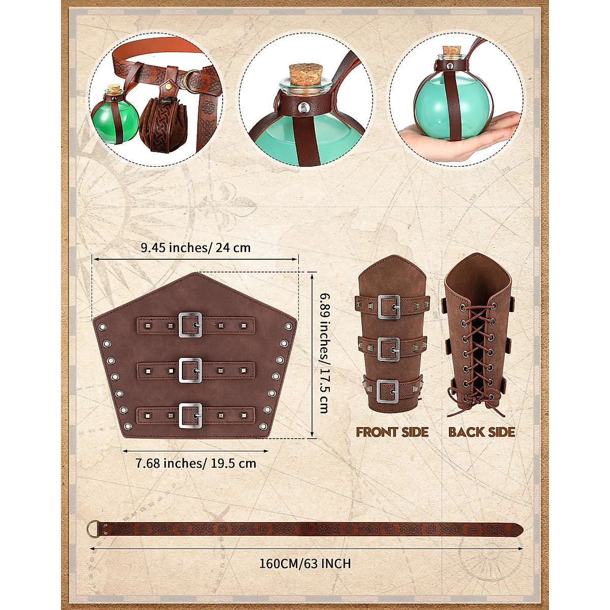 ramede 6 Pcs Women Renaissance Accessories Medieval Leaf Leather Belt Pouch Viking Corset Belt Potion Bottle Leaf Arm Guards(Fit Waist Size 25''-29'',Medieval Style,Brown)