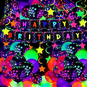 Jetec 71 Pcs Neon Birthday Party Supplies Include Clear Glow in the Dark Balloons, UV Neon Balloons, Neon Star Hanging Swirls, Happy Birthday Banner for Glow Birthday Party UV Neon Party