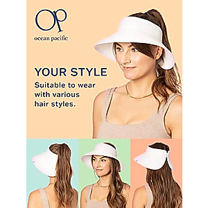 Ocean Pacific Beach Roll Up Straw Sun Hat Visor for Women, Sun Protection UPF 50 (White)