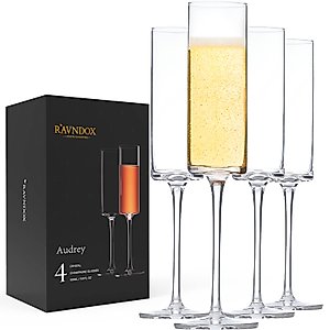 RAVNDOX Champagne Flutes, Edge Champagne Glass Set of 4 Lead-free Glasses- Modern & Elegant for Women, Men, Wedding, Anniversary, Christmas, Birthday, Premium Crystal