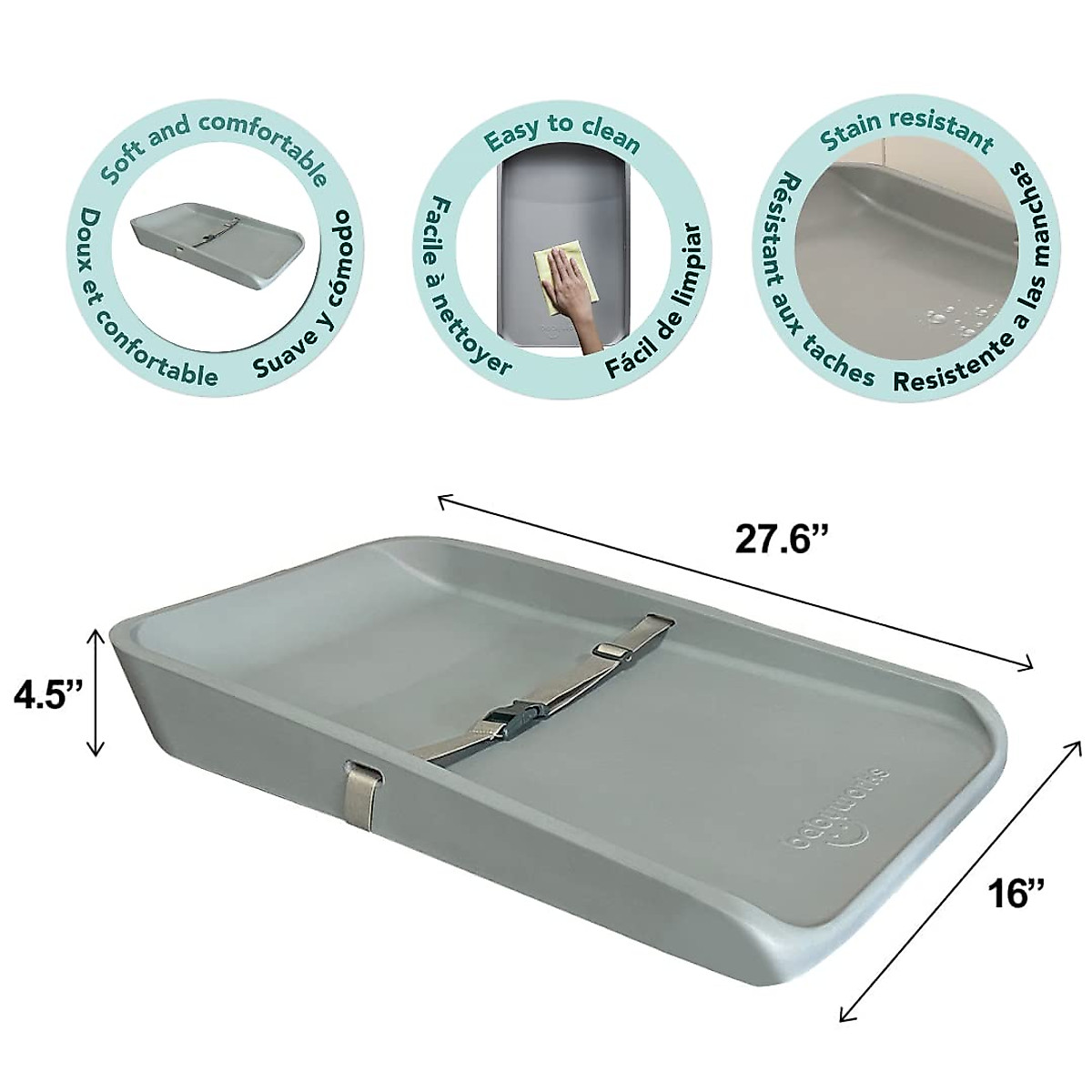 Baby Works - Deluxe Foam Baby Diaper Changing Pad, Easy to Clean, Soft and Comfortable, Safety Strap - Gray, 27.6 x 16.9 Inches