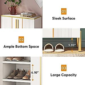 LITTLE TREE Shoe Cabinet with Doors, 6-Tier Shoe Storage Cabinet for Entryway, White and Gold