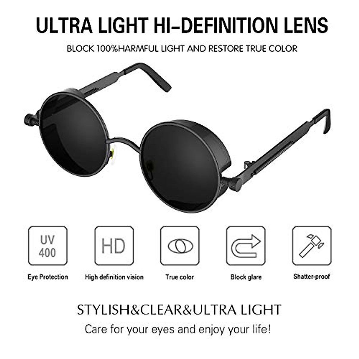 PROUDDEMON Retro Gothic Steampunk Sunglasses for Women Men Round Lens Metal Frame(Black Grey)