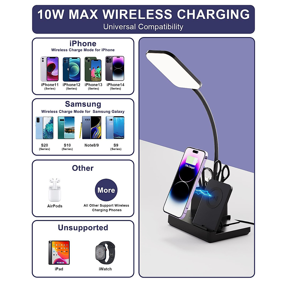 Sailstar Desk Lamp with Wireless Charger USB Charging Port, LED Desk Lamps for Home Office, 800LM 3 Lighting Modes Dimmable Pen Holder 360°Gooseneck, Eye-Caring Desk Light for College Dorm Room, Black