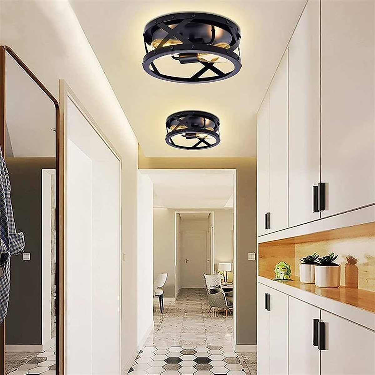 ZTGJMN 2 Light Fixtures Ceiling Mount, 13 Inch Matte Black Industrial Flush Mount Ceiling Light for Farmhouse, Light Fixtures Ceiling for Kitchen Entryway Bedroom Hallway,E26 Base