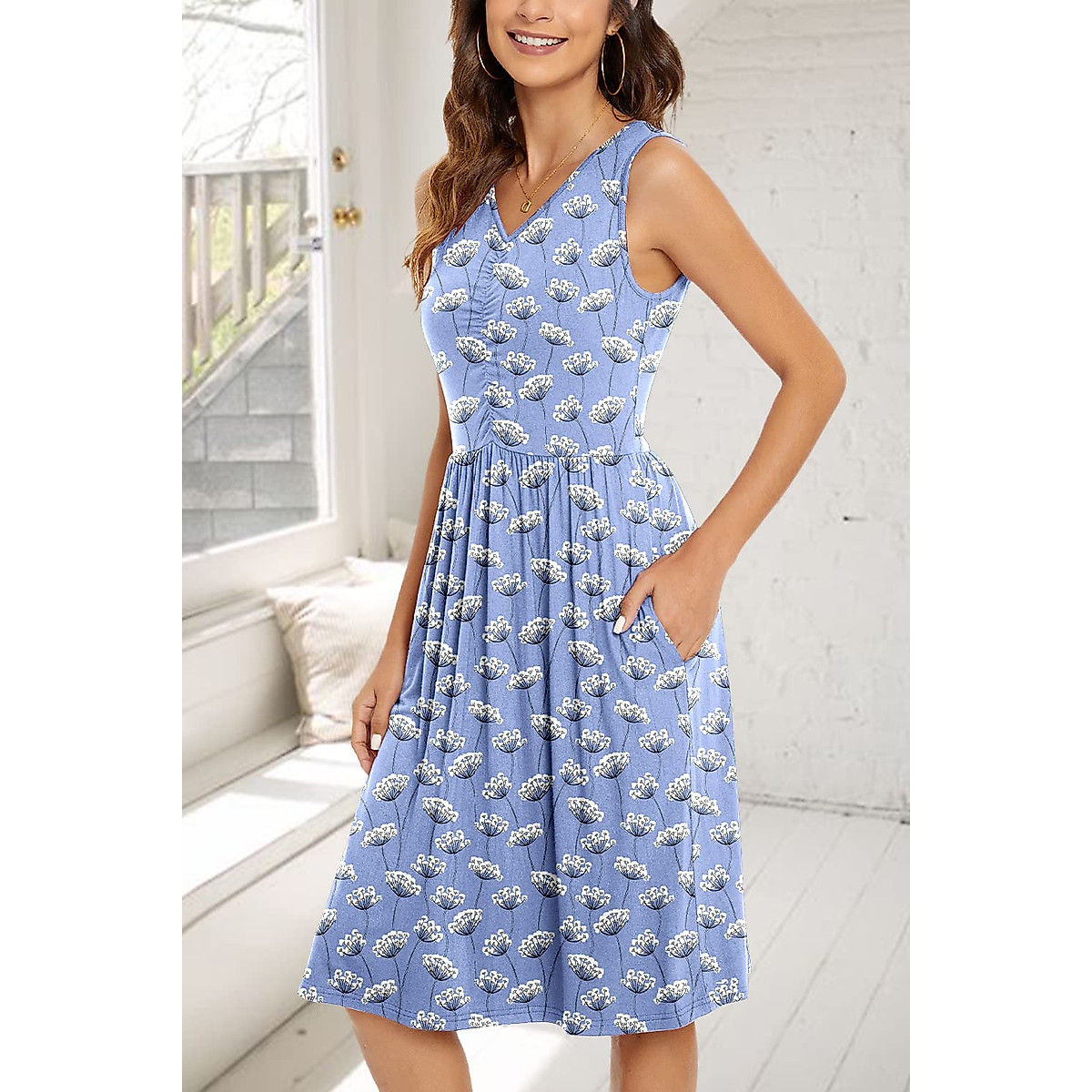 NILOUFO Womans Casual Summer Dresses Sleeveless Empire Waist Ladies Dress with Pockets (A:Dandelion Blue, Small)
