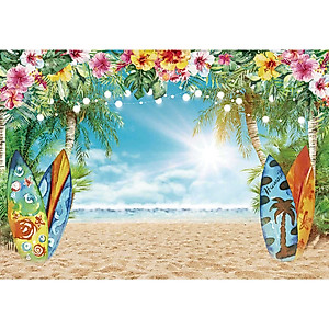 Felortte 7x5FT Polyester Fabric Summer Hawaiian Beach Backdrop Sky Ocean Tropical Flower Palm Leaves Surfboard Photography Background for Luau Aloha Party Decoration Banner Picture Photo Booth2