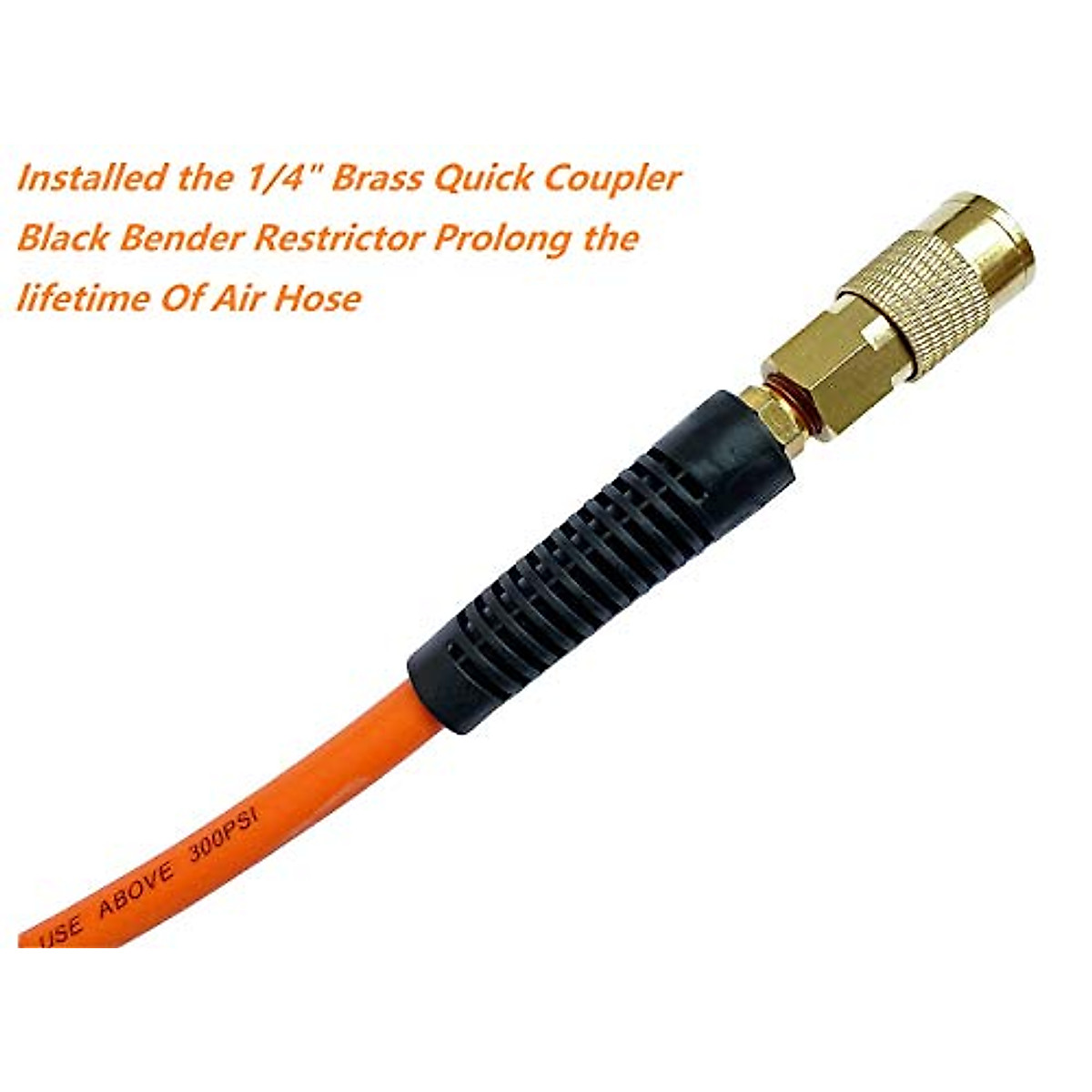SANFU Hybrid PVC/Rubber 3/8”ID x 100ft, 300PSI Durable, Lightweight, Air Compressor Hose with 1/4” Industrial Brass Coupler and Plug, Bend Restrictors, Orange(100’)