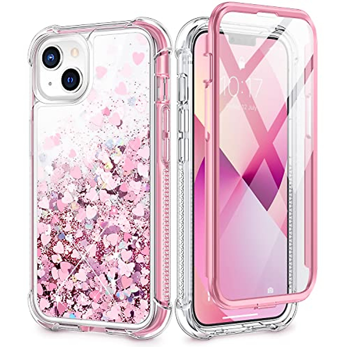 Caka Case Compatible for iPhone 13 Glitter Case, iPhone 14 Case for Women Girls with Built-in Screen Protector Bling Sparkle Liquid Full Body Protective Case for iPhone 13 14 6.1 inch - Rose Gold