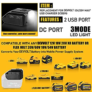 【with DC/USB Ports & LED Light】 Replacement for Dewalt Battery Adapter 20V Phone Charger Heated Jacket Ddapter for Dewalt DCB090 Converters Power Source (for Dewalt 12V 14.4V 18V 20V Battery)
