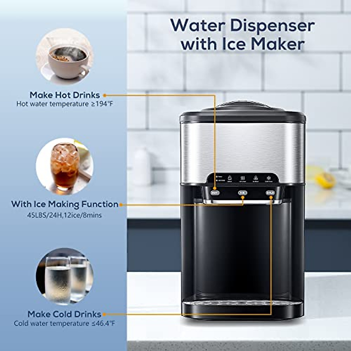 Kismile 3-1 Water Dispenser with Ice Maker, Water Cooler Dispenser 5 Gallon, Ice and Water Dispenser, Top Loading Water Dispenser 3 Temperatures Setting- Hot&Cold Water, 45 lbs/24H for Home/Office