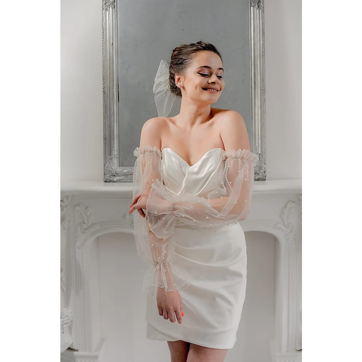 Detachable Sleeves for Wedding Dresses Pearl Tulle Illusion Removable Bridal Accessory (Ivory 03)