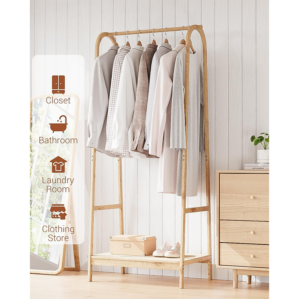 Bamboo Clothes Rack, Freestanding Clothing Rack with Storage Shelf and Hanging Rod, Easy Assemble, Portable Clothes Rack, Wooden Space-Saving Garment Rack Organizer for Entryway, Bedroom, Living Room