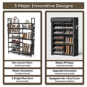 VTRIN Shoe Rack with Covers Shoe and Boot Storage Cabinet 8 Tier 28-35 Pairs Shoe Rack Organizer for Entryway Closet Garage Heavy Duty Free Standing Black Metal Shoe Shelf