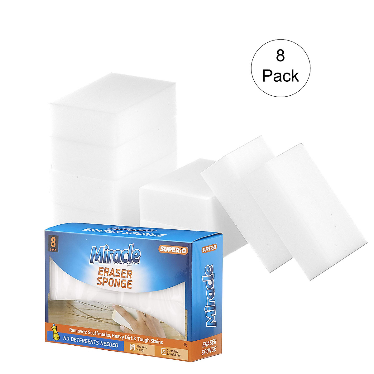 Superior Eraser Sponge 8 Pack- Magic Cleaning Sponge for Floor, Wall, Furniture Removes: Scuffmarks, Dirt, and Tough Stains