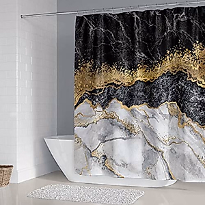 4Pcs Black Marble Shower Curtains Sets with 12 Hooks,Bathroom Curtains Shower Set Toilet Mat Lid Rug,Bathroom Sets Shower Curtain Sets and Rugs and Accessories,72x72 inch
