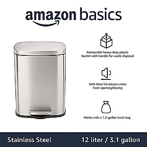 Amazon Basics Smudge Resistant Small Rectangular Trash Can With Soft-Close Foot Pedal, for Bathroom/ Living room, Brushed Stainless Steel,12 Liter/3.1 Gal, Satin Nickel Finish,11.3"L x 9.9"W x 15.1"H