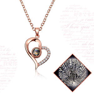 Hicarer I Love You Necklace 100 Languages Projection Heart Pendant Necklace with Red Rose Jewelry Storage Box Gifts for Christmas Mom Wife Girlfriend Wedding Birthday(Rose Gold)