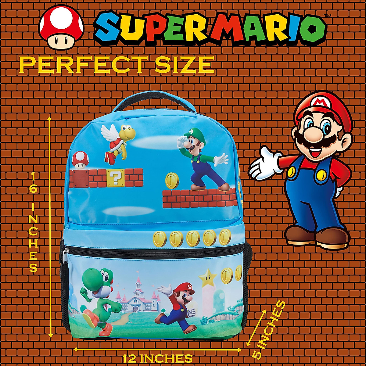 SUPER MARIO Nintendo’s Backpack for Boys & Girls, School Bag with Front and Side Pockets, Durable Gaming Bookbag with Padded Mesh Back and Adjustable Mesh Straps