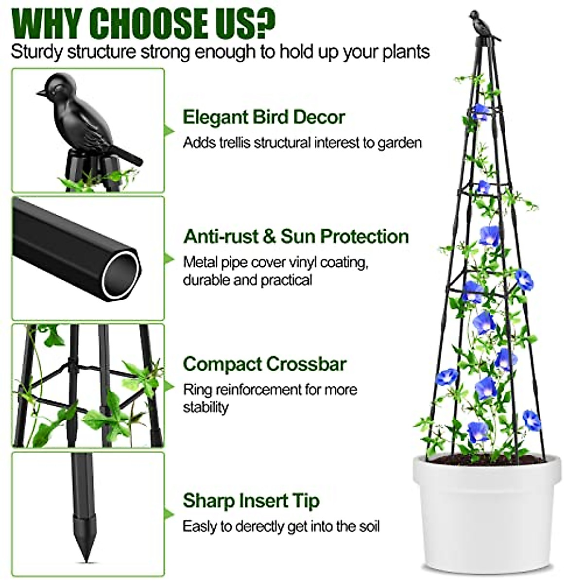 MYard 2 Pack Garden Obelisk Trellis for Climbing Plants Outdoor, 6.5FT Tall Rustproof Metal Plant Support Trellis, Garden Tower Trellis for Potted Plants Flowers Vines Vegetable Indoor Outdoor