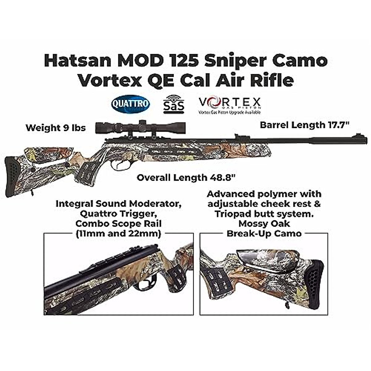 Hatsan Mod 125 Sniper Camo .22 Cal 1250 FPS / 33 FPE - Vortex Piston Break Barrel Air Rifle 22 Caliber + 3-9×40 Scope, Adjustable Cheek Piece & QuietEnergy QE air Gun + Wearable4U 250x Pellets Bundle