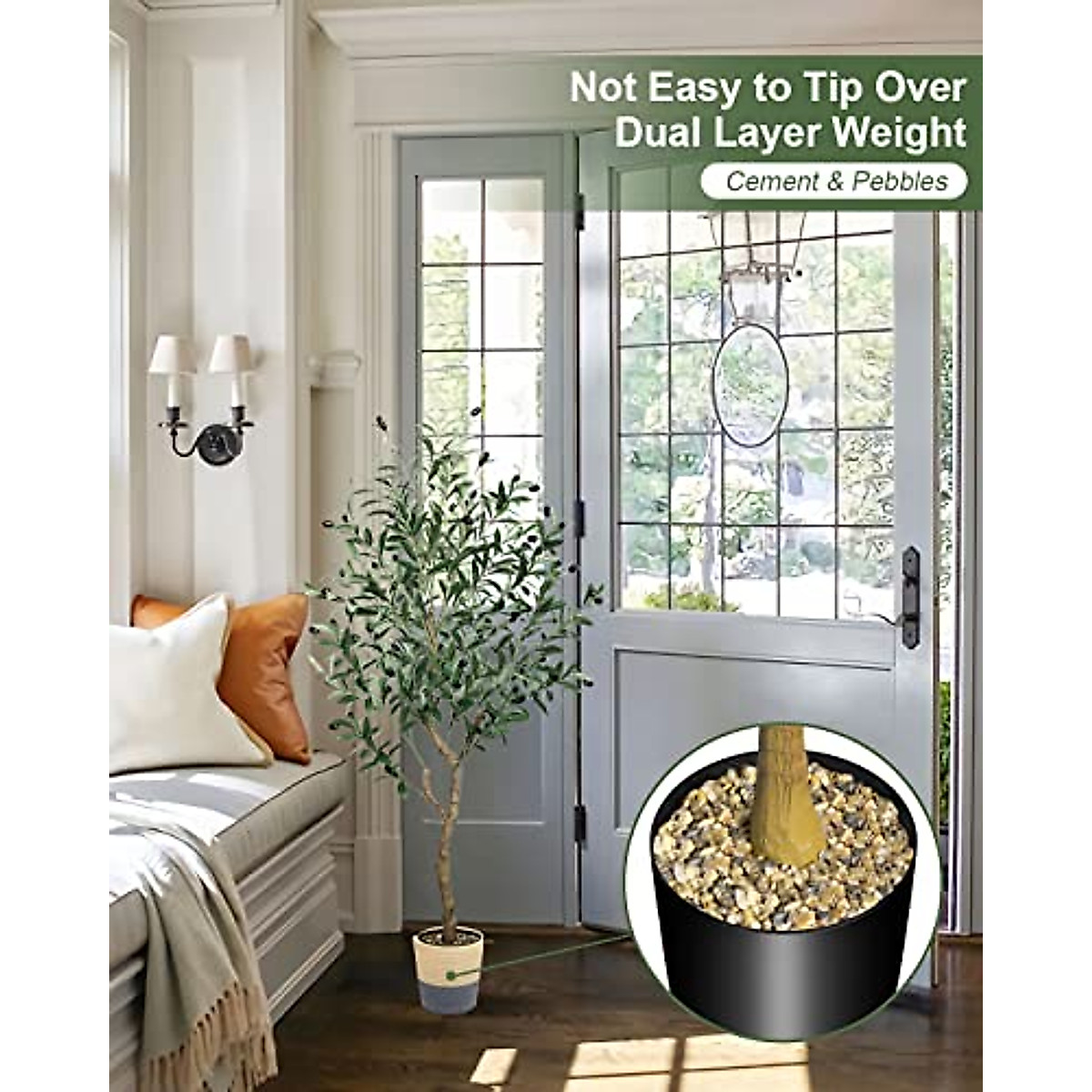 Kayfia Artificial Olive Tree 4.3FT Tall Fake Tree Silk with Rope Woven Basket Free Snowflake Light Strip and Olive Branches Tall Faux Plants for Modern Office Living Room Entryway Home Decor Indoor