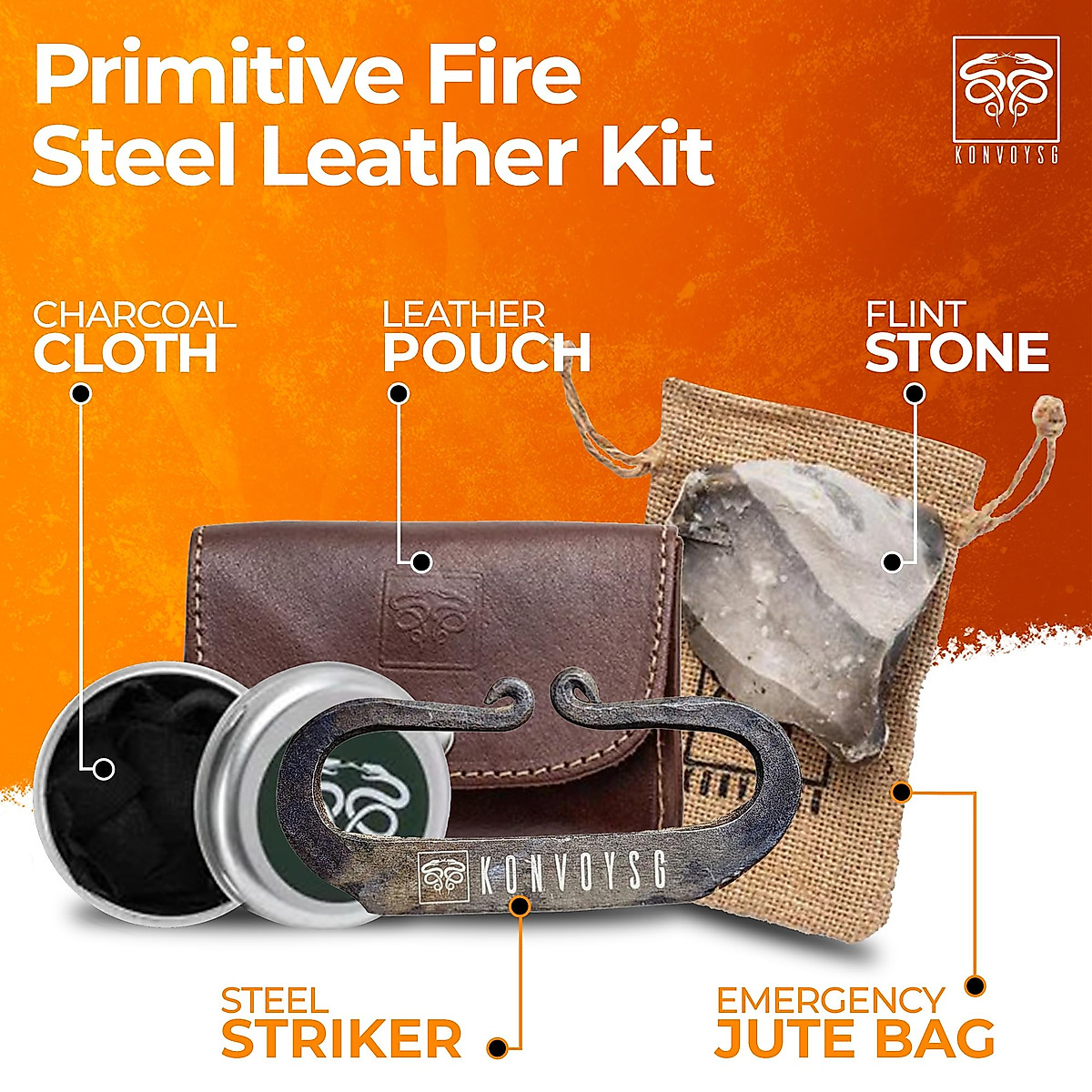 KonvoySG Carbon Steel Fire Striker, English Flint Stone & Char Cloth Traditional Hand Forged Fire Starter, Leather Gift Kit with Emergency Tinder Jute Bag (Cognac)