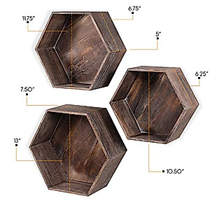 Rustic State Brooks Wall Mount Hexagon Honeycomb Box Geometric Floating Shelf Display Hanging Bookshelf Decorative Picture Ledge with Wood Back - Distressed Walnut - Multi Sizes - Set of 3
