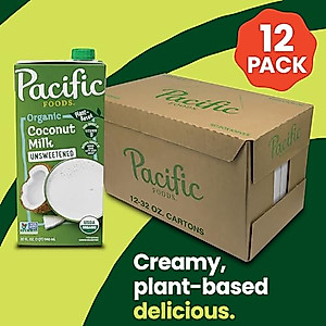 Pacific Foods Organic Unsweetened Coconut Milk, Plant Based Milk, 32 oz Carton (12 Pack)